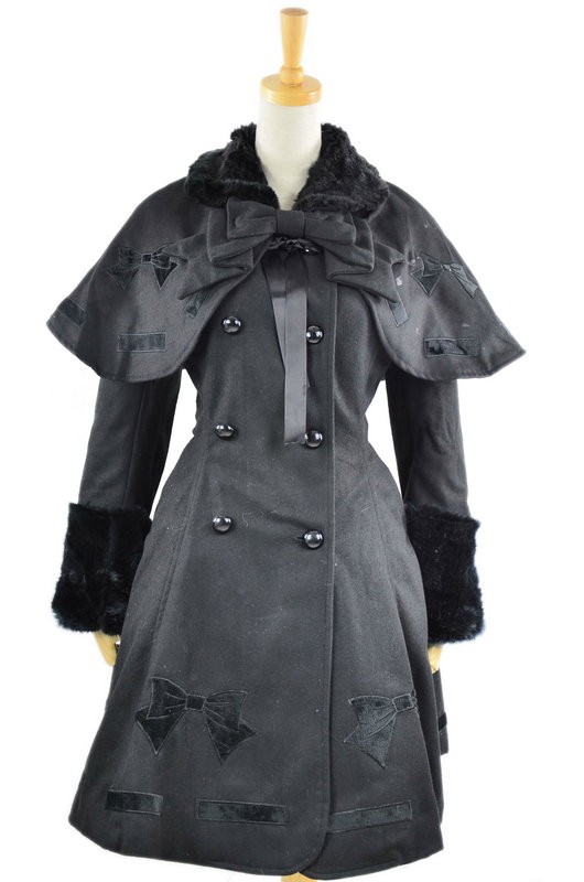 Long Sleeve Black Bow Pattern Flanel Gothic Lolita Coat