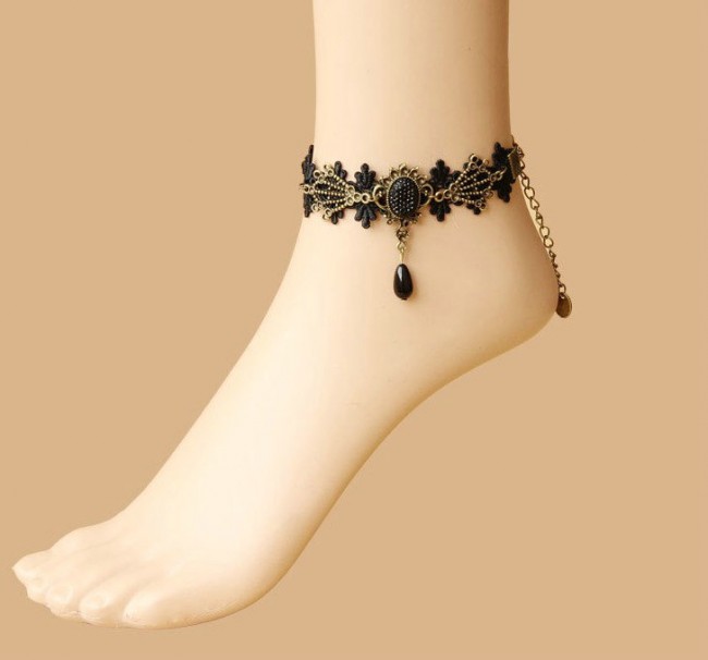 Retro Black Lace Bead Handmade Girls Lolita Ankle Belt