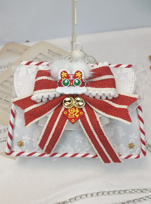 Chinese Style Cute Little Tiger Embroidered Red-White Bow Bell One ...
