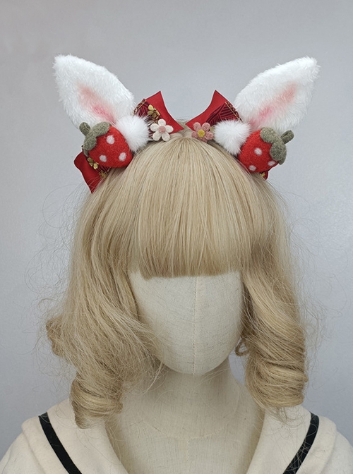 Cute Pink-White Rabbit Ears Strawberry Bow-Knot Hairball Sweet Lolita ...
