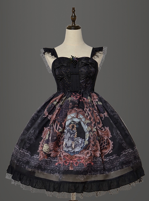 Gothic Vintage Print Grape Bow Decorative Ruffle Hem Gothic Lolita ...