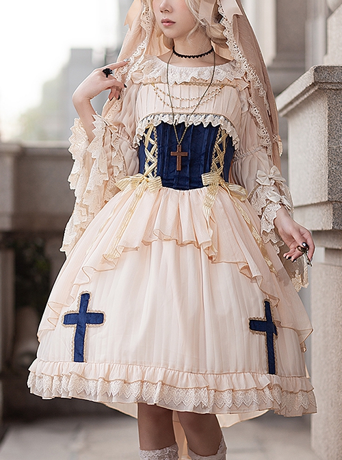 Eternal Life Song Series Spring Chiffon Lace Stitching Cross Halloween Classic Lolita Sleeveless ...