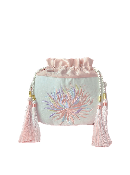 Chinese Style Elegant Classic Purse Pink Lotus Embroidery Tassel Ribbon ...