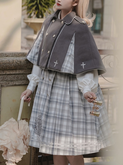 Soft Girly British Style College Gray White Plaid Dress Woolen Double ...