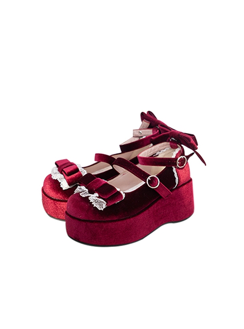 Kirishima Rose Series Velvet Retro Lace Bowknot Round Toe Platform ...