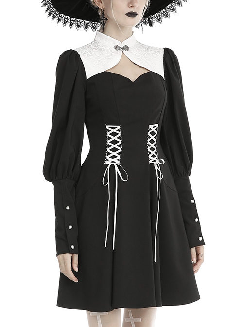 Gothic Style White Chinese Cheongsam Collar Retro Gigot Sleeves Black ...