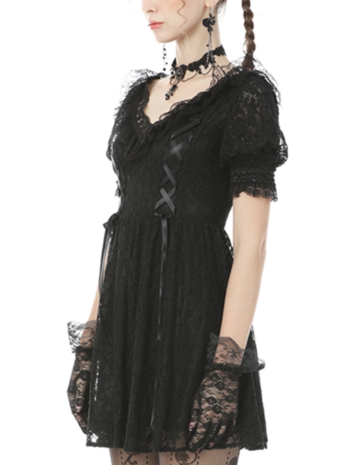 Gothic Style Retro Palace V-Neck Lace Frill Elegant Black Puff Sleeves ...