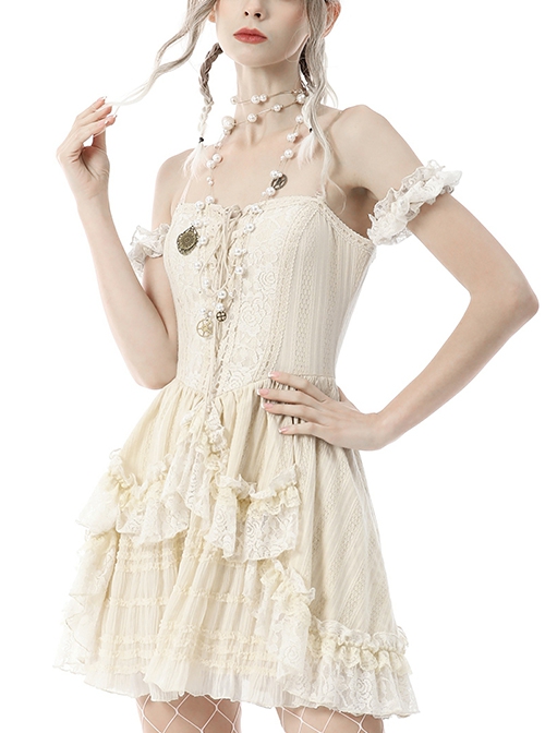 Steampunk Style Sexy Off-Shoulder Half-Sleeves Layered Lace Strap Beige ...