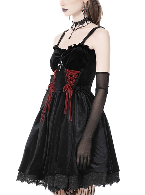 Gothic Style Elegant Velvet Metal Cross Decorated Red Cross Strap Black ...
