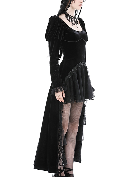 Gothic Style Luxury Velvet Exquisite Lace Ruffled Hem Short Front And ...