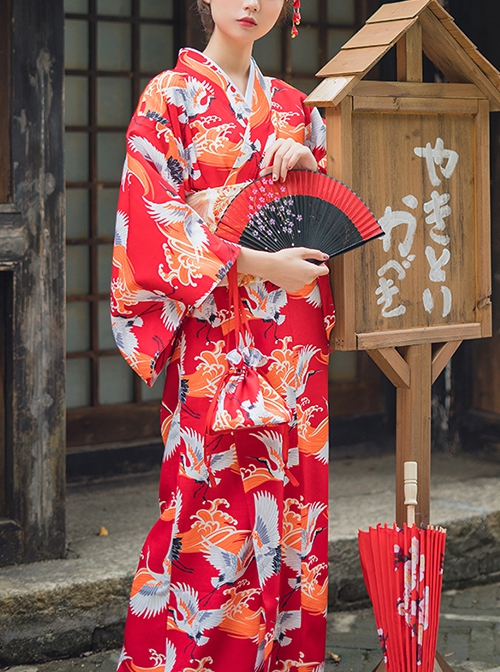 Bright Red Gorgeous Crane Pattern Japanese Style Traditional Dress Kawaii Fashion Yukata ...