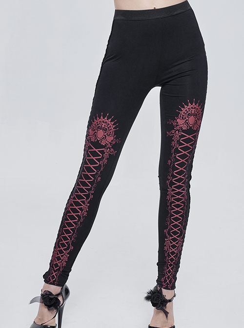 Gothic Style Simple Stretch Knit Fabric Leg Red Lace Lace Up Print ...
