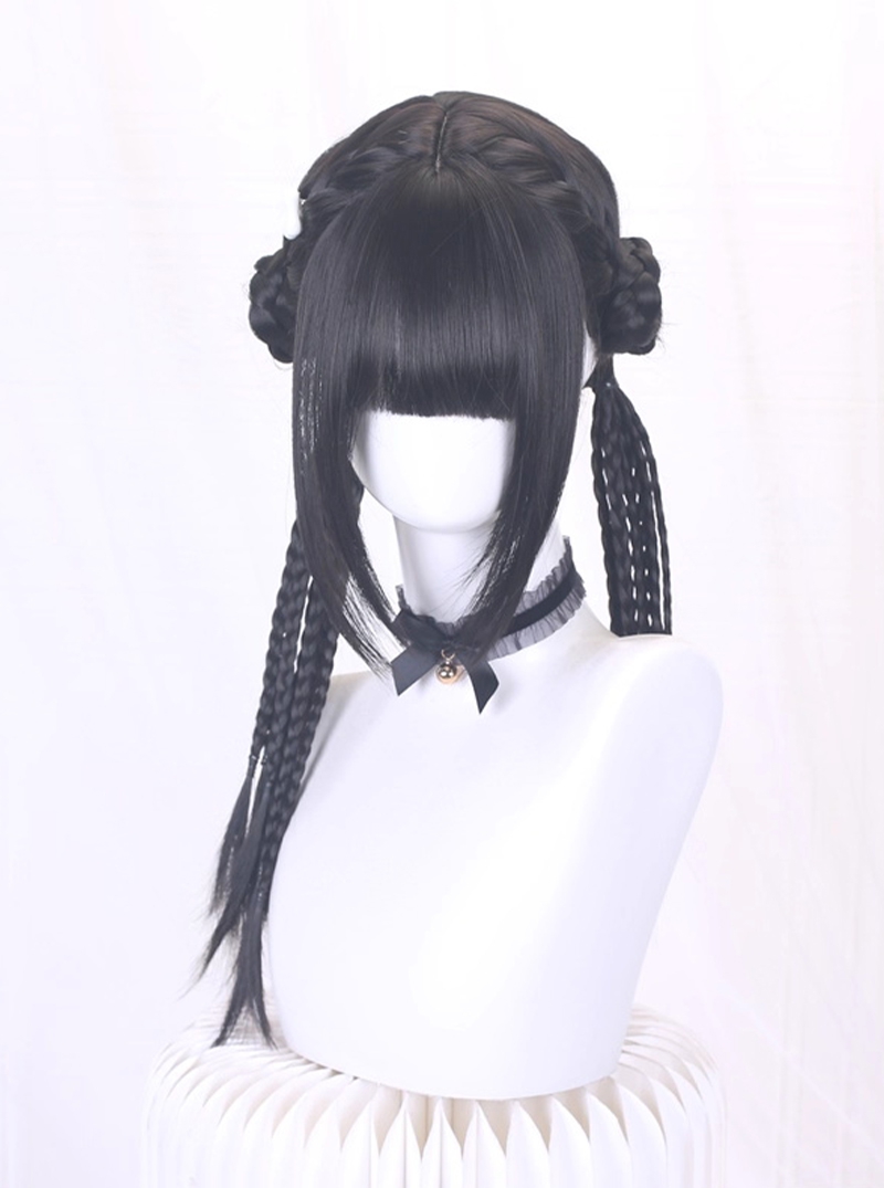 Chinese Style Black Cute Straight Bangs Double Buns Long Multiple Thin ...