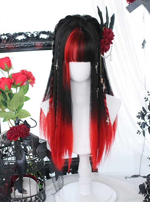 Gothic Style Dark Red And Black Qi Liuhai Long Straight Hair Wig