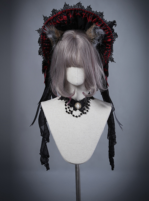 Moon Wolf Red And Black Lace Gothic Lolita Bonnet